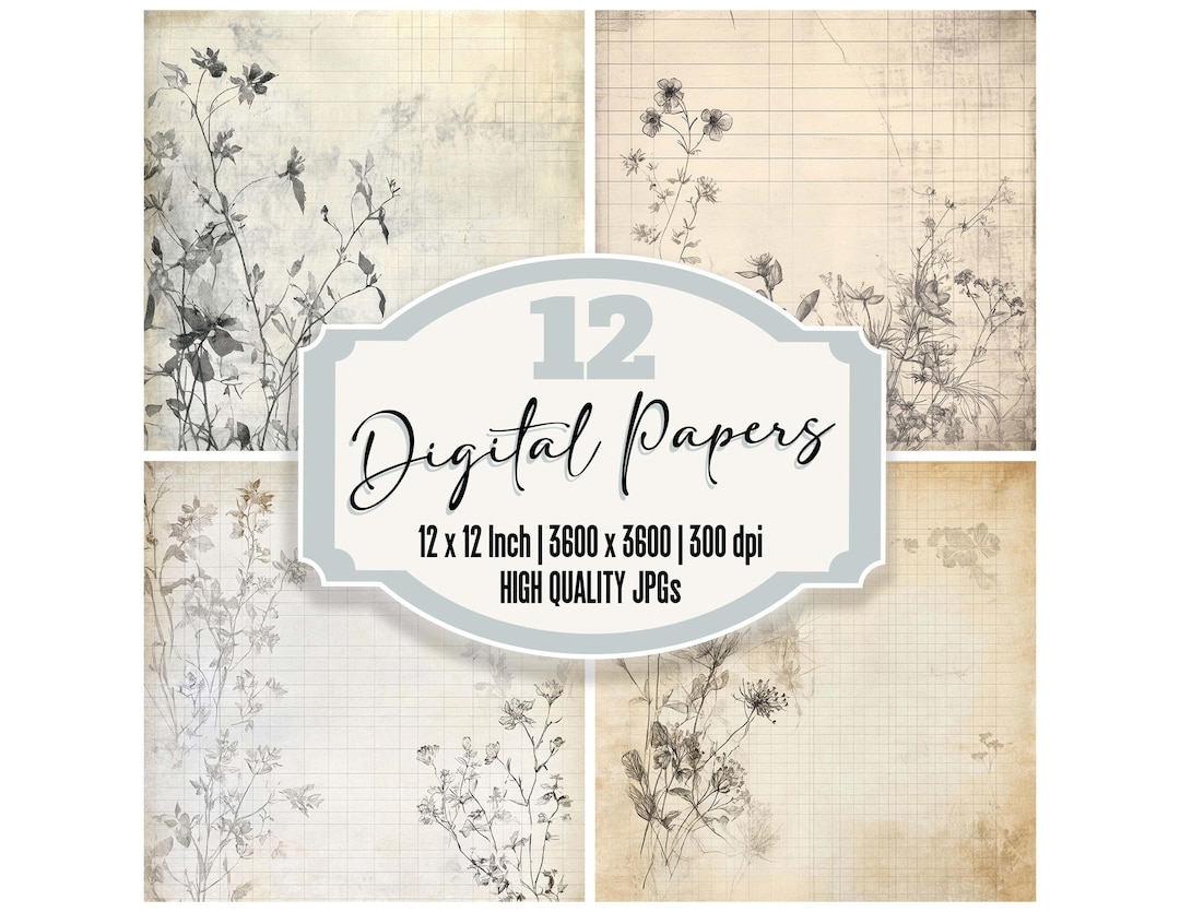 12x Faded Graph Floral Junk Journal Paper, Vintage Botanical Digital ...