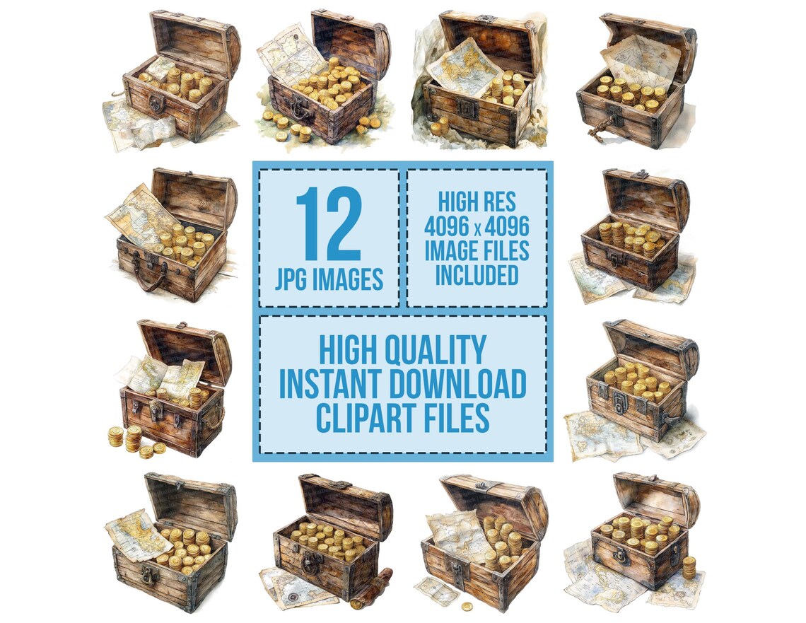 Treasure Map Chest Clip Art, 12x Gold Coins Maps Clipart Set, Printable ...