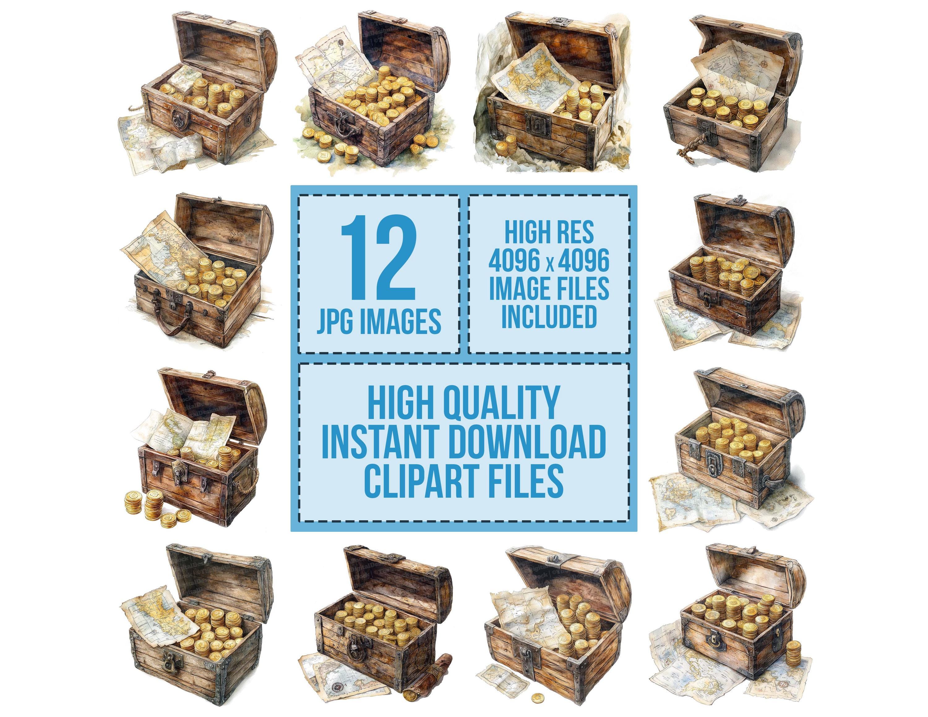 Treasure Map Chest Clip Art, 12x Gold Coins Maps Clipart Set, Printable ...