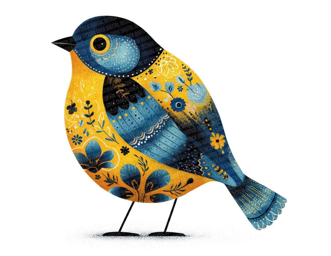 12x Yellow Folk Art Bird PNG Clipart, Decorative Birds Clip Art Set ...
