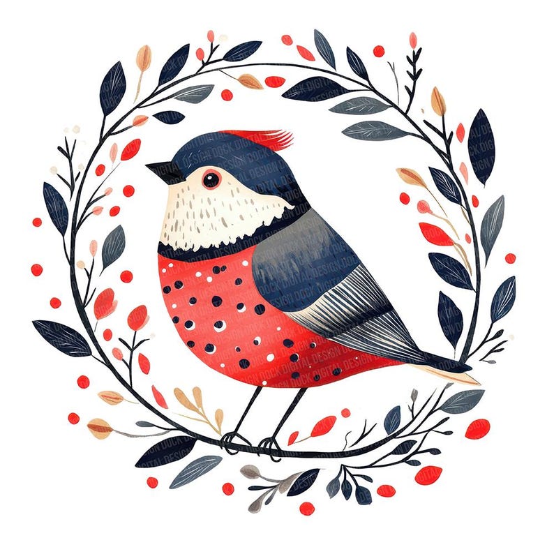 Folk Bird PNG Clipart, 12x Birds in Leaf Ring Clip Art Set, Printable ...