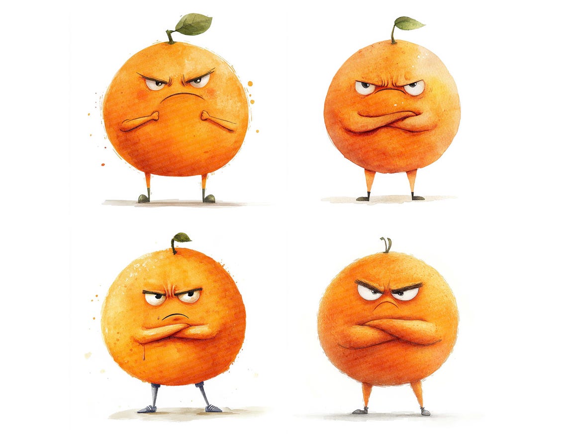12x Angry Orange PNG Clipart, Watercolor Grumpy Character Citrus PNG ...