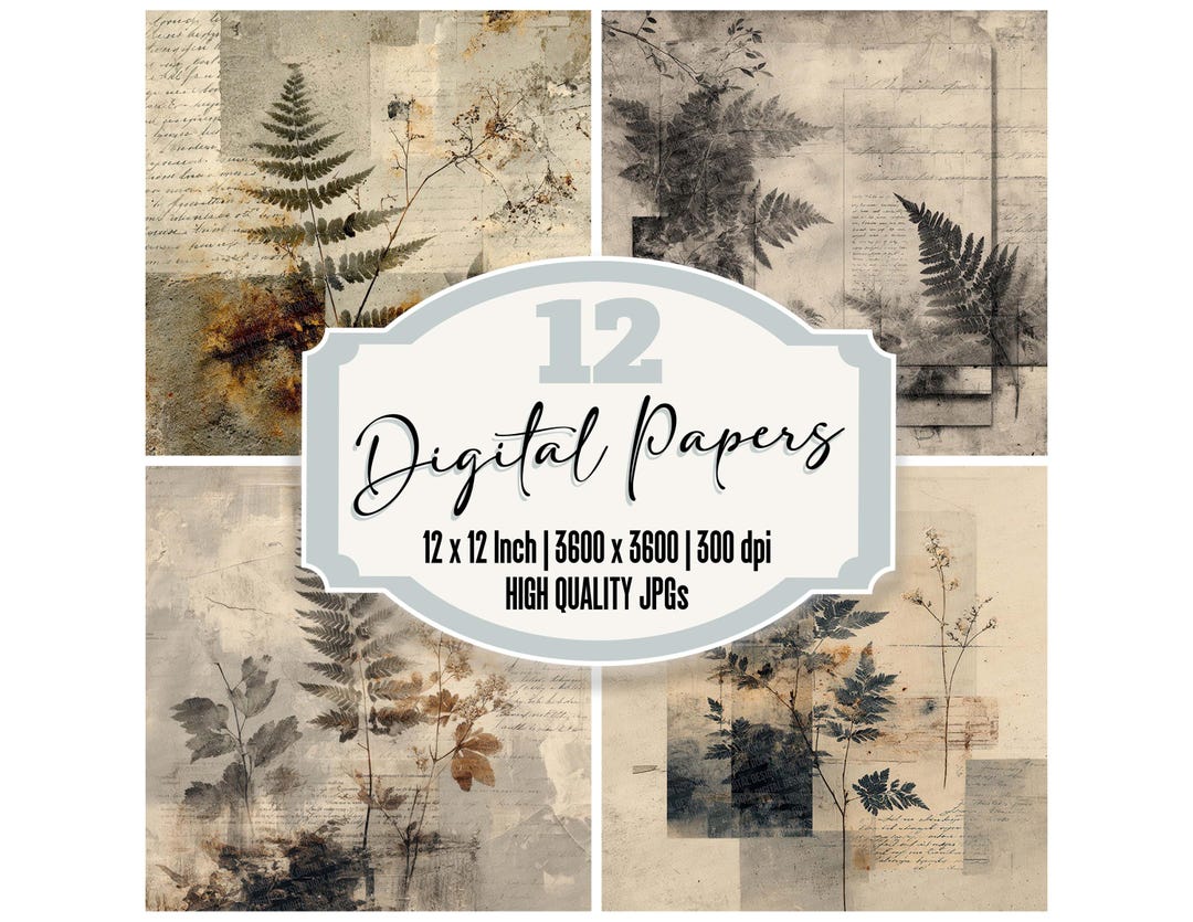 12x Fern Burn Junk Journal Paper Vintage Botanical Digital Paper Pack ...