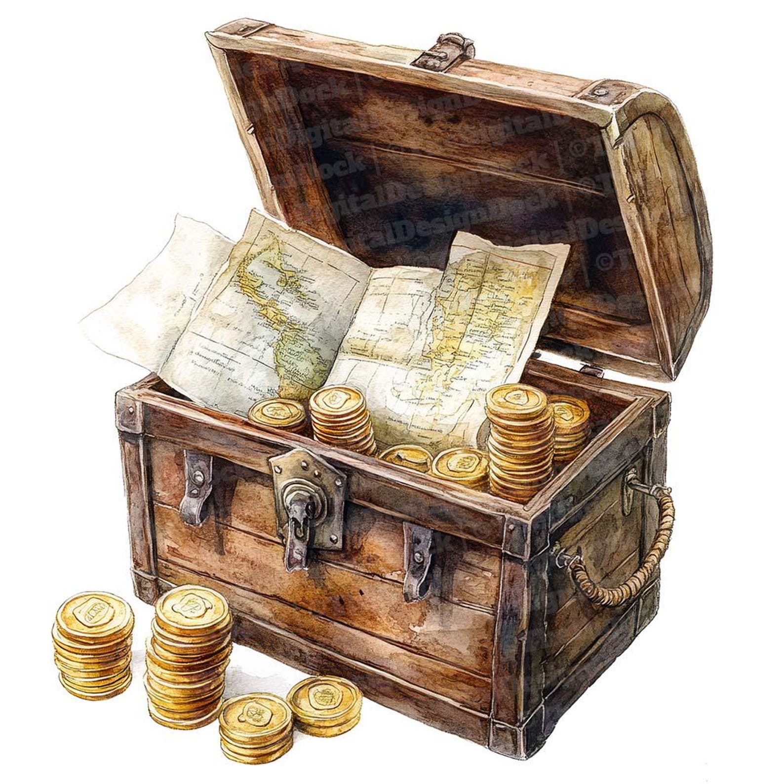 Treasure Map Chest Clip Art, 12x Gold Coins Maps Clipart Set, Printable ...
