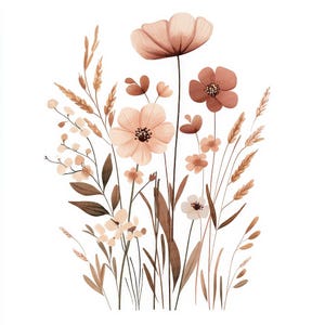 Boho Floral PNG Clip Art, 12x Neutral Flower Clipart Set, Watercolor ...