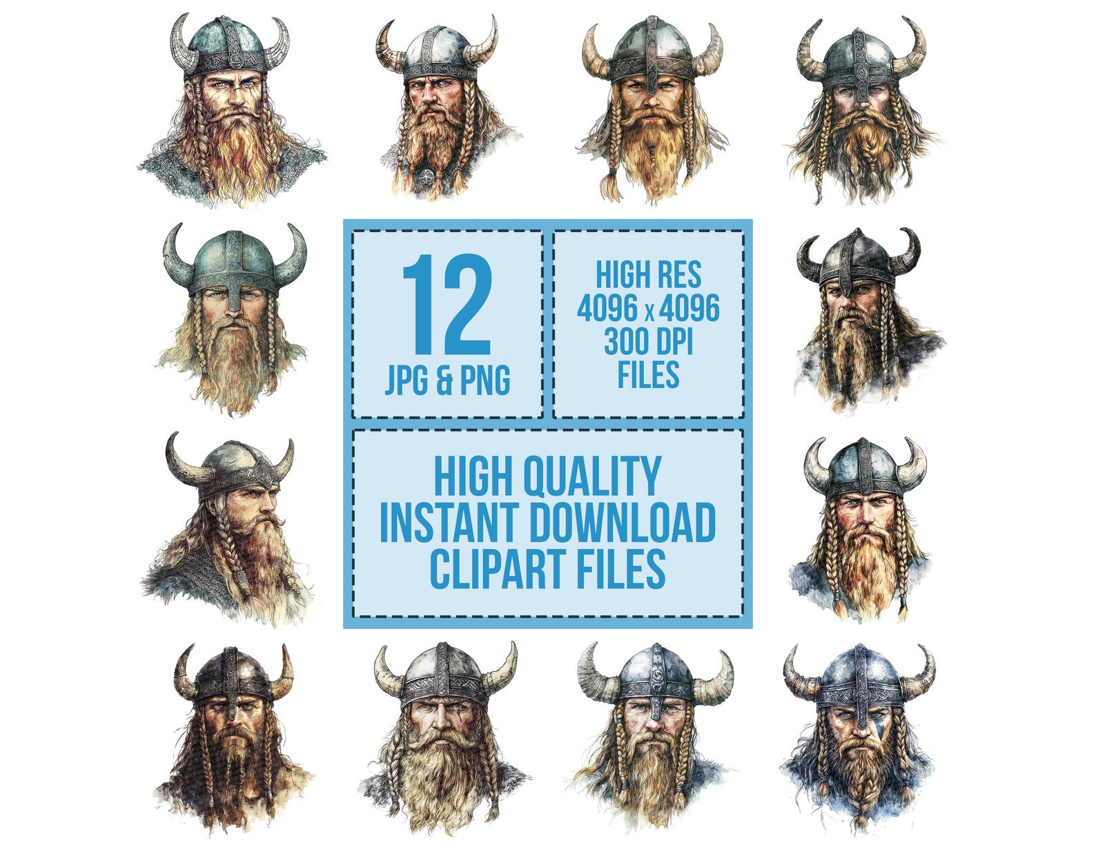 12 Viking Clip Art, Warrior Portrait Clip Art, Watercolor Viking Face ...
