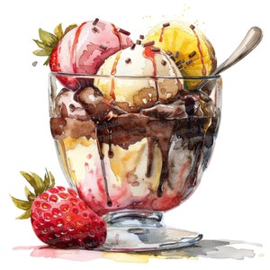 12 Banana Split Ice Cream Clipart, Watercolor Sundae Dessert Clipart ...