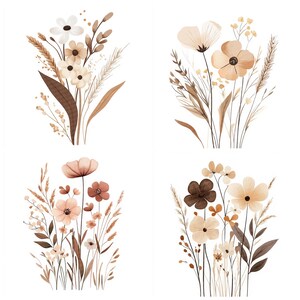 Boho Floral PNG Clip Art, 12x Neutral Flower Clipart Set, Watercolor ...