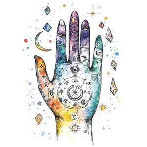 12x Zodiac Palmistry Hand Clipart, Watercolor Hand With Zodiac Signs ...