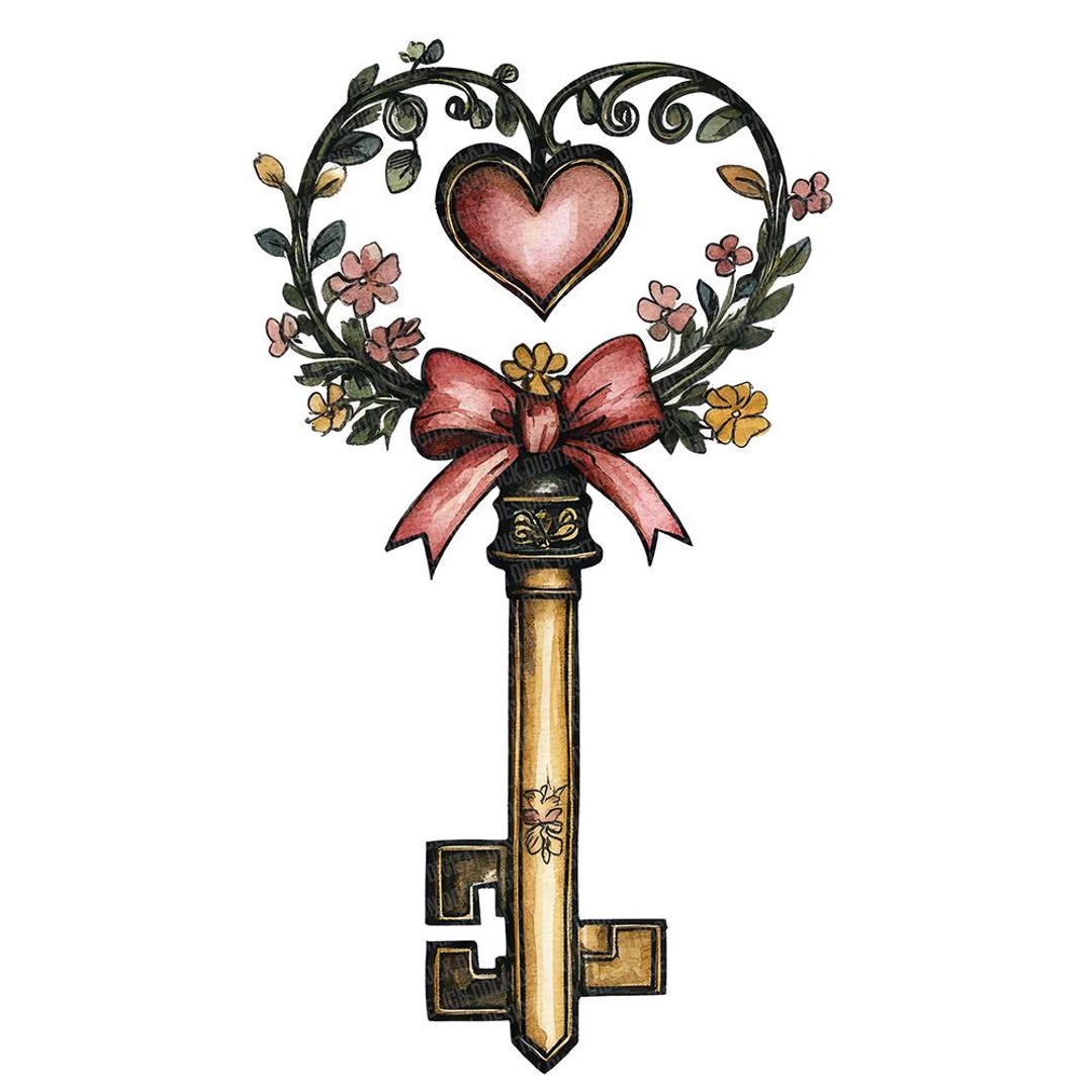 Folk Key With Vines PNG Clipart, 12x Heart Key Clip Art Set, Printable ...