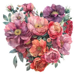 12 Floral Heart Clipart, Watercolor Flower Clipart, Printable ...