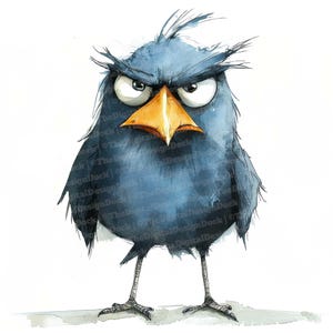 12x Quirky Bird Clip Art, Grumpy Blue Bird Watercolor, Printable ...