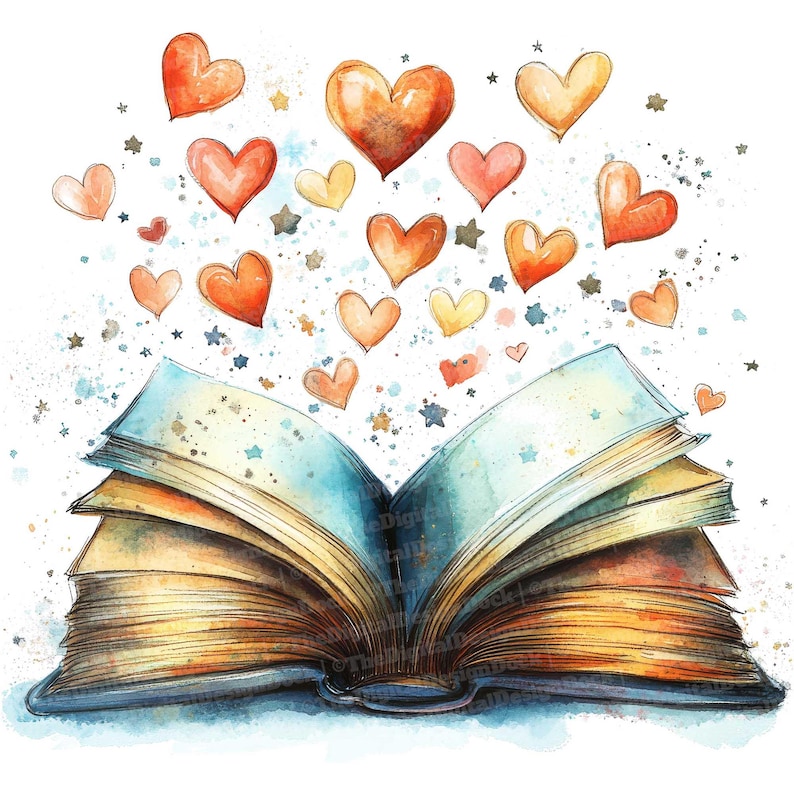 12 Heart Book Clipart, Love Story Illustration, Printable Watercolor ...