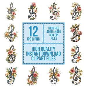 12 Music Clef Floral PNG Clipart, Flowers Music Note Watercolor Clip ...