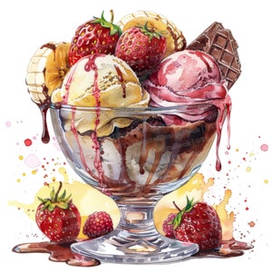 12 Banana Split Ice Cream Clipart, Watercolor Sundae Dessert Clipart ...
