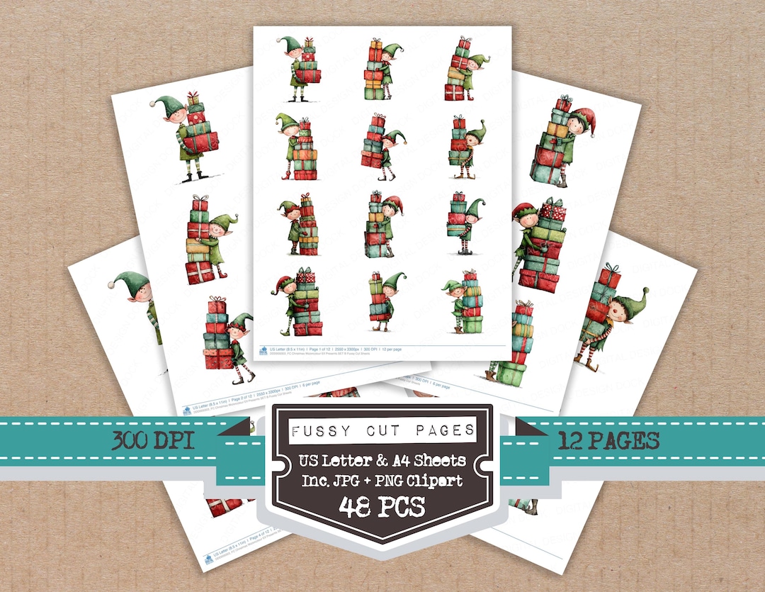 Christmas Watercolour Elf Presents Fussy Cut Sheets, 12x Printable ...