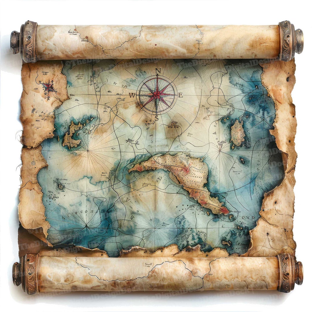 12x Paper Scroll Clipart, Vintage Map Clipart, Printable Watercolor ...