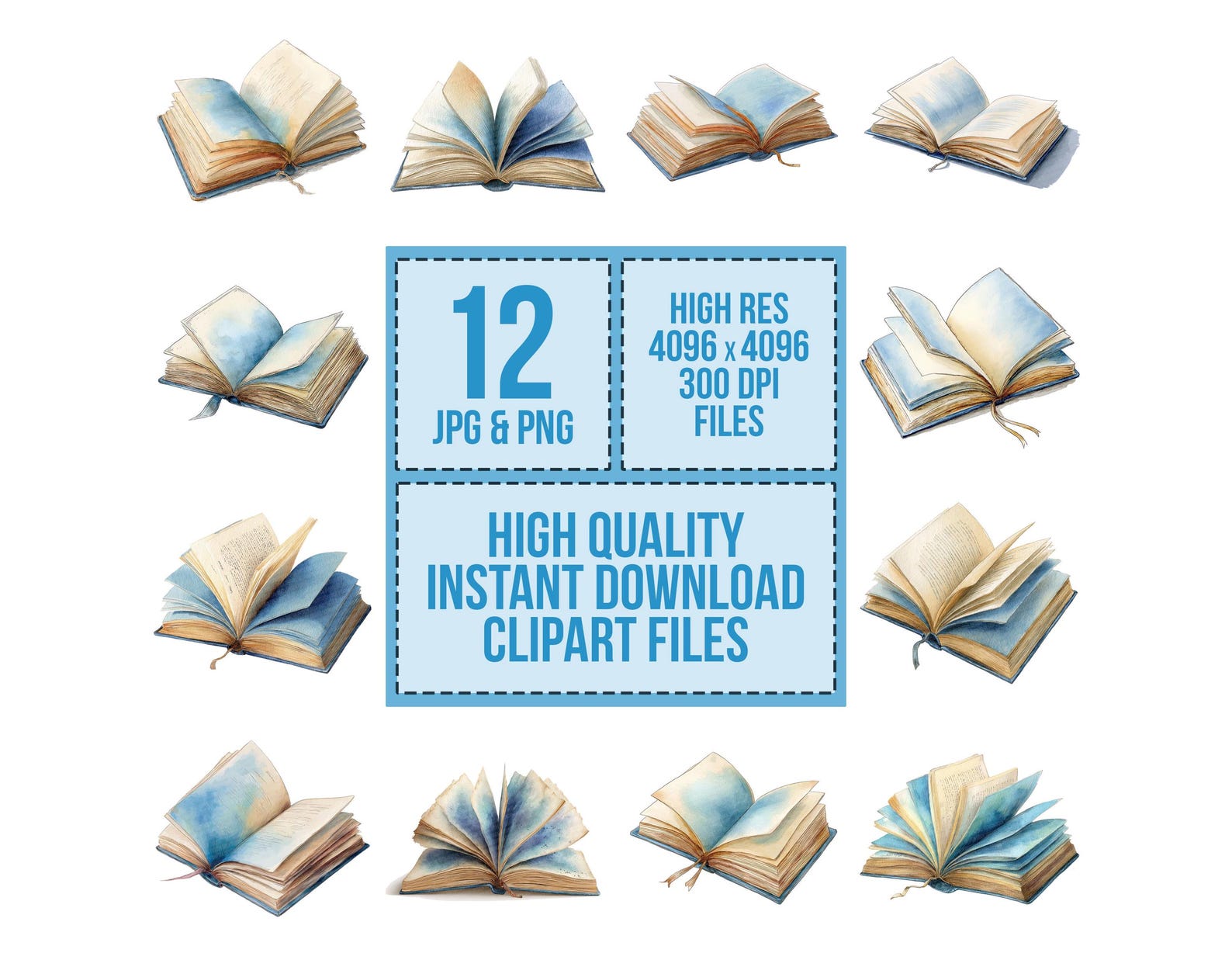 Open Book PNG Clipart, 12x Watercolor Vintage Book Clip Art Set ...