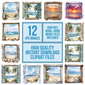 12x Coastal View Clipart, Beach Window Scene, Printable Watercolor ...