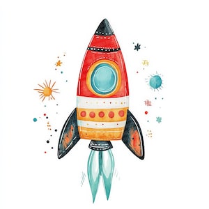 Rocket Ship Clip Art, 12x Watercolor Space PNG Clipart Set, Printable ...