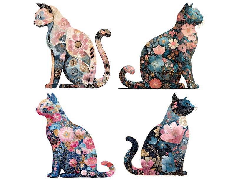 Floral Cat PNG Clipart, 12x Decorative Cats Clip Art Set, Printable ...