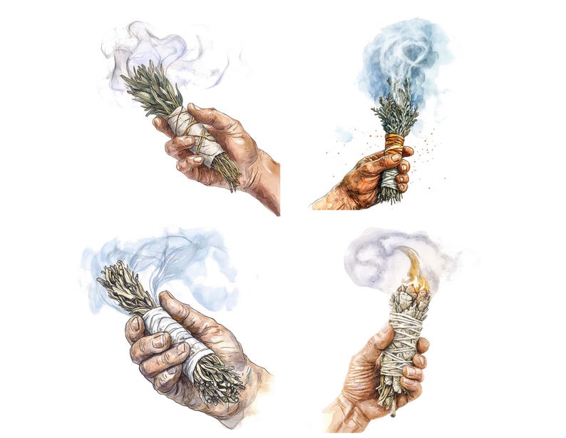 12x Smudge Stick Clipart, Hand Holding Sage Bundle, Watercolor Clip Art ...