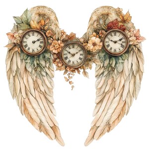 Clock Angel Wings PNG Clipart, 12x Watercolor Vintage Floral Wings Clip ...