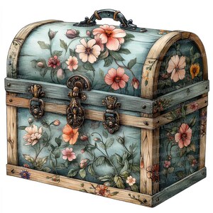 12 Floral Treasure Chest Clipart, Watercolor Vintage Chest Illustration ...