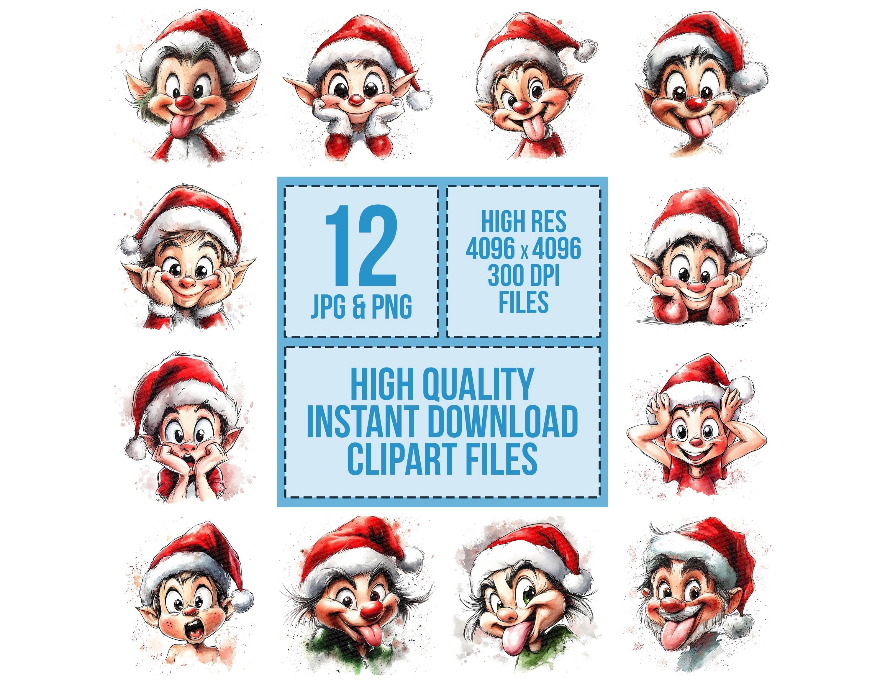 Cheeky Christmas Elf Clip Art, 12x Santa Hat Elf PNG Set, Watercolor ...