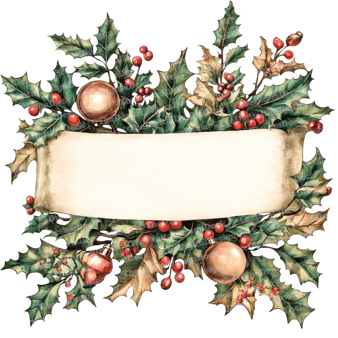 Vintage Christmas Label Clip Art, 12x Holiday Holly Banner Clipart Set ...