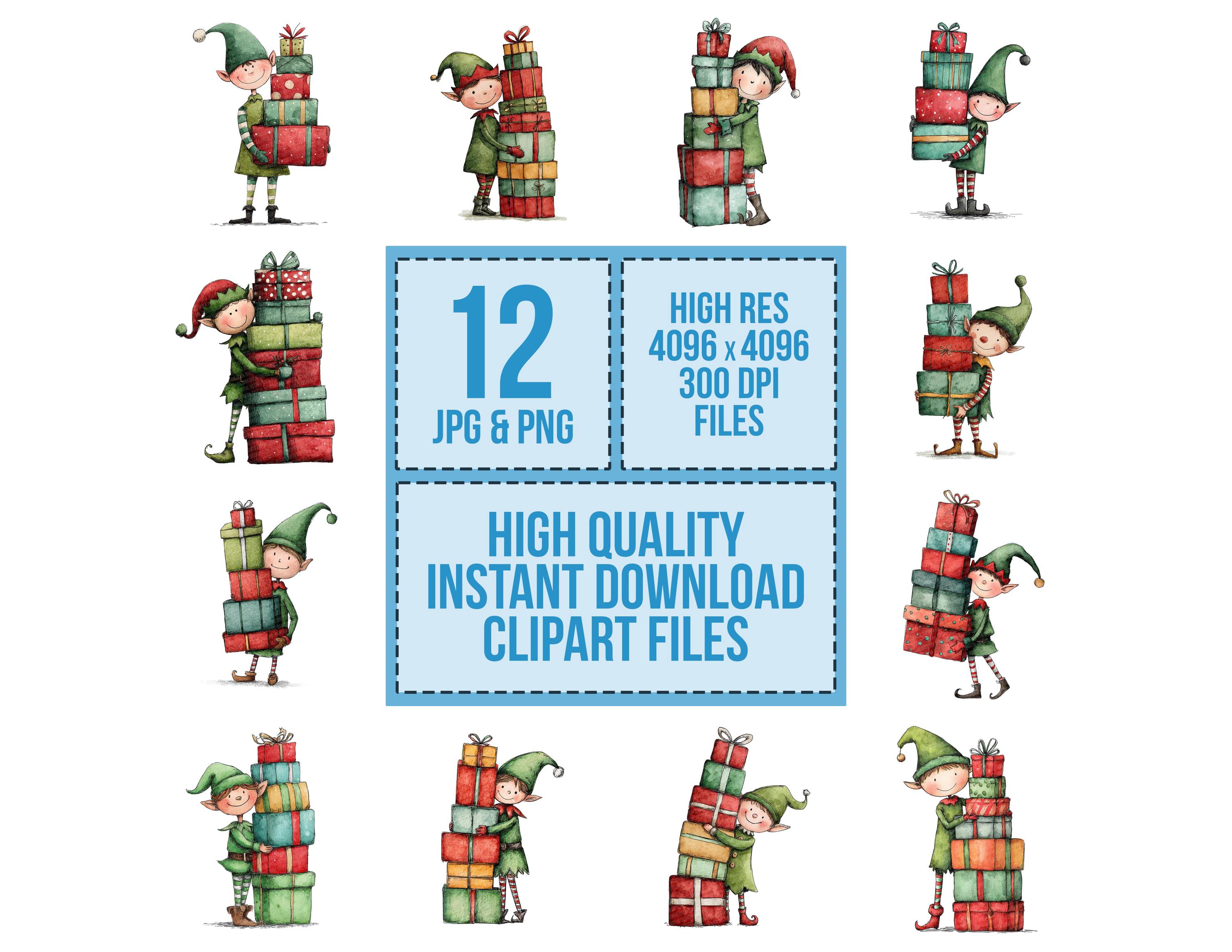 Elf PNG Clipart, 12 Christmas Elf With Presents Clip Art, Watercolor ...