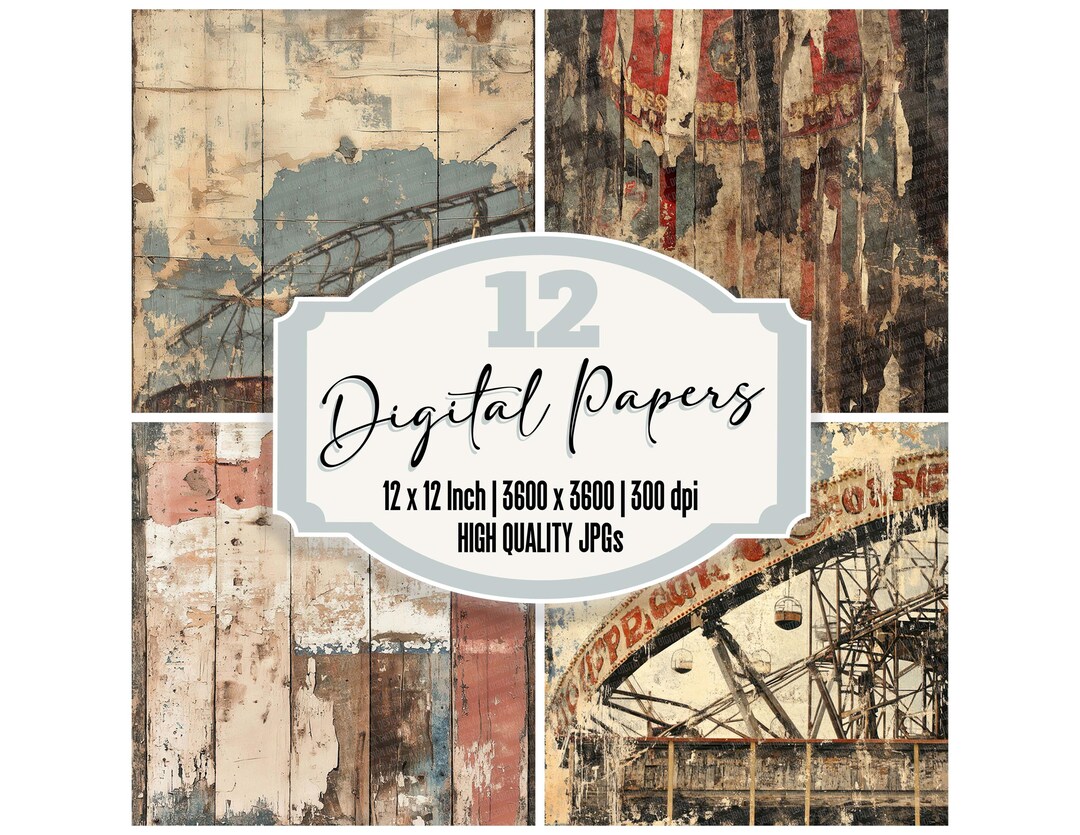 12x Vintage Carnival Junk Journal Paper, Distressed Amusement Park ...