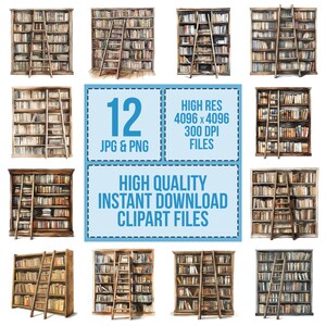 Bookshelf PNG Clipart, 12x Watercolor Library Clip Art Set, Printable ...