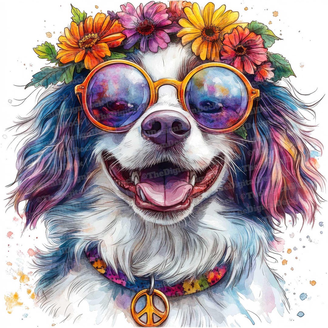 12x Hippie Dog Clipart, Watercolor Hippy Animal, Printable Clipart ...