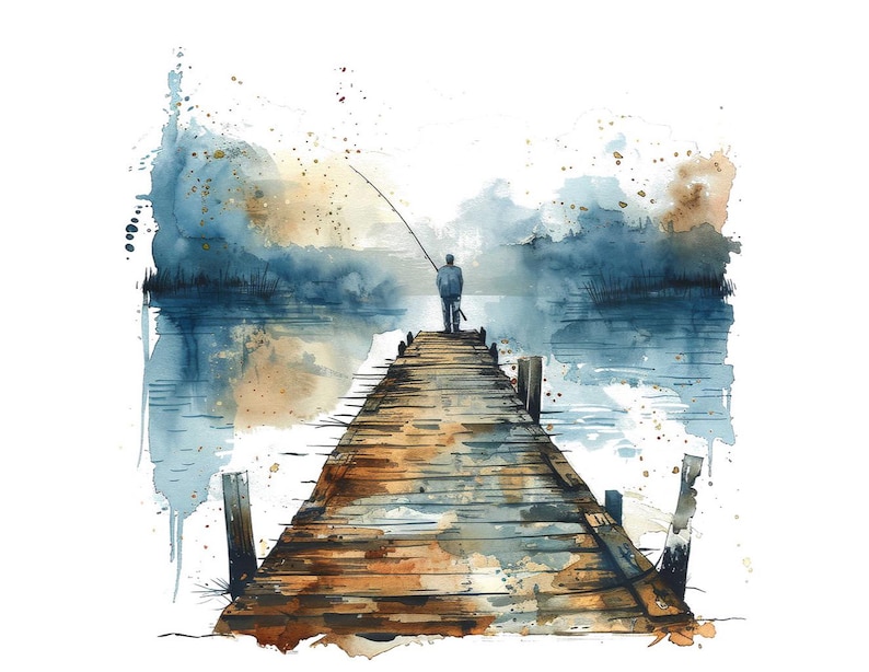 Fishing Dock PNG Clipart, 12x Man Fishing Clip Art Set, Watercolor Lake ...