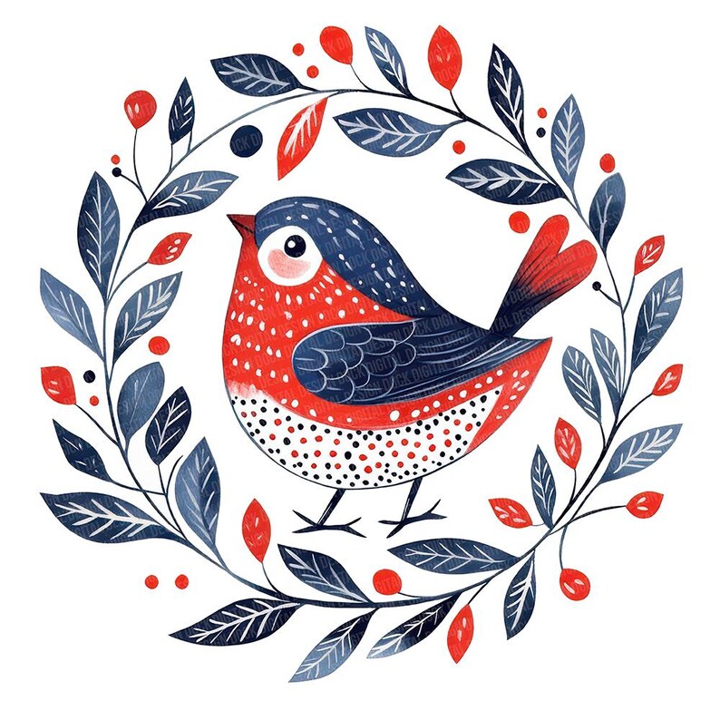 Folk Bird PNG Clipart, 12x Birds in Leaf Ring Clip Art Set, Printable ...
