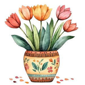 Folk Floral Pot Clipart, 12x Flower Pots With Tulips Clip Art Set ...