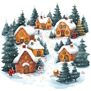 12 Christmas Village Clipart, Winter Wonderland Scenes, Printable ...