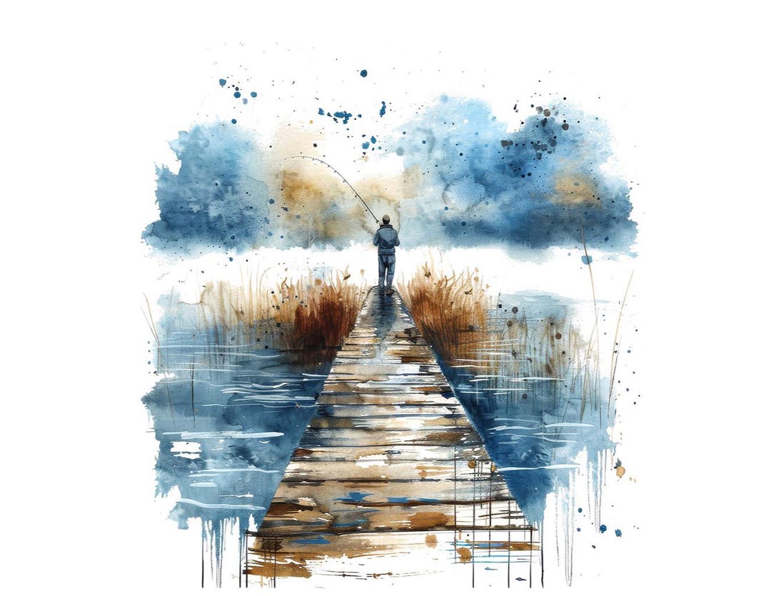 Fishing Dock PNG Clipart, 12x Man Fishing Clip Art Set, Watercolor Lake ...