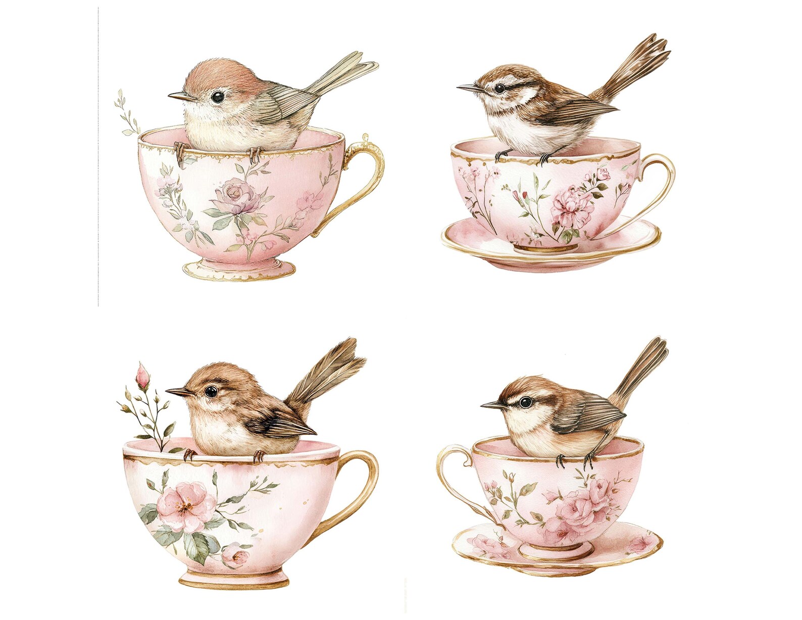 Wren in Pink Teacup PNG Clip Art, 12x Bird Clip Art Set, Printable ...