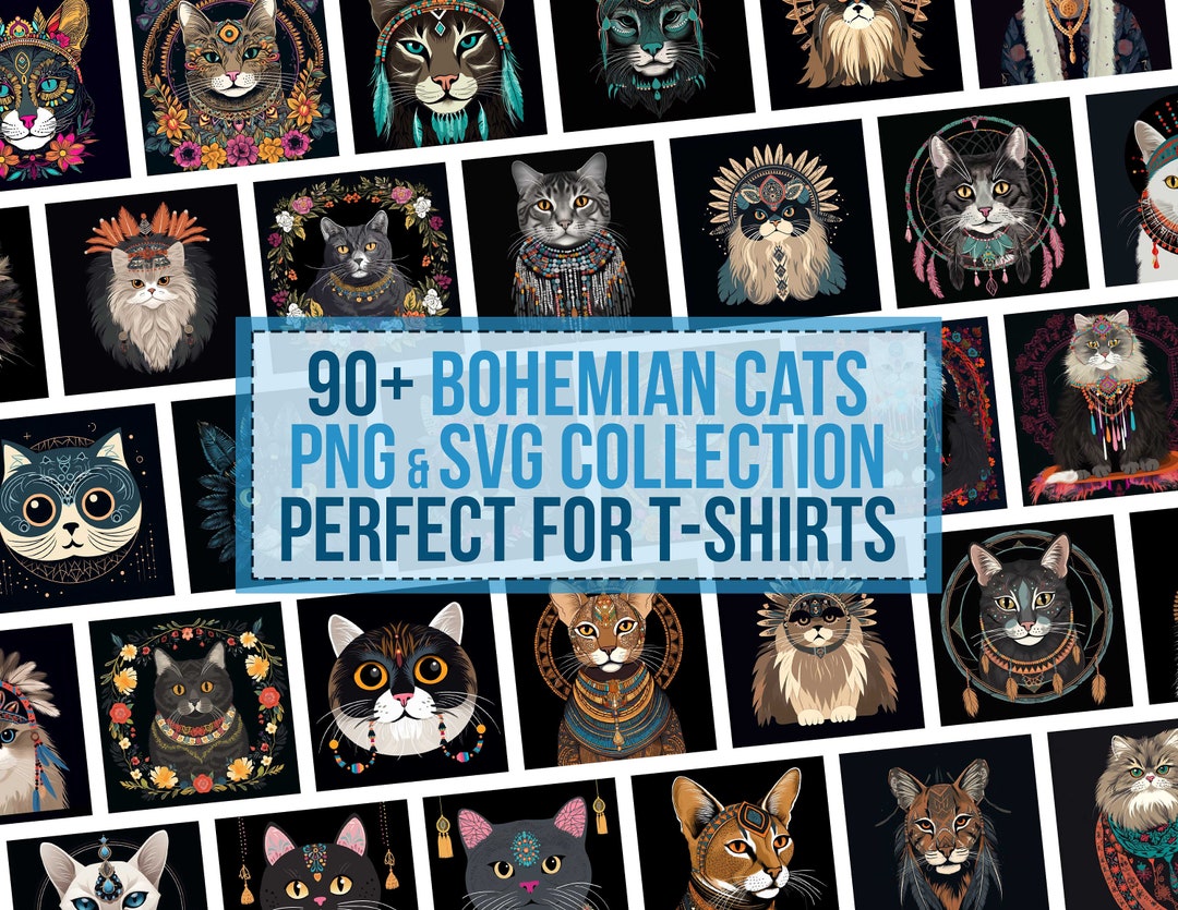 90+ Bohemian Cats Pngs for Boho T-shirt Designs Bulk Bundle Downloads ...