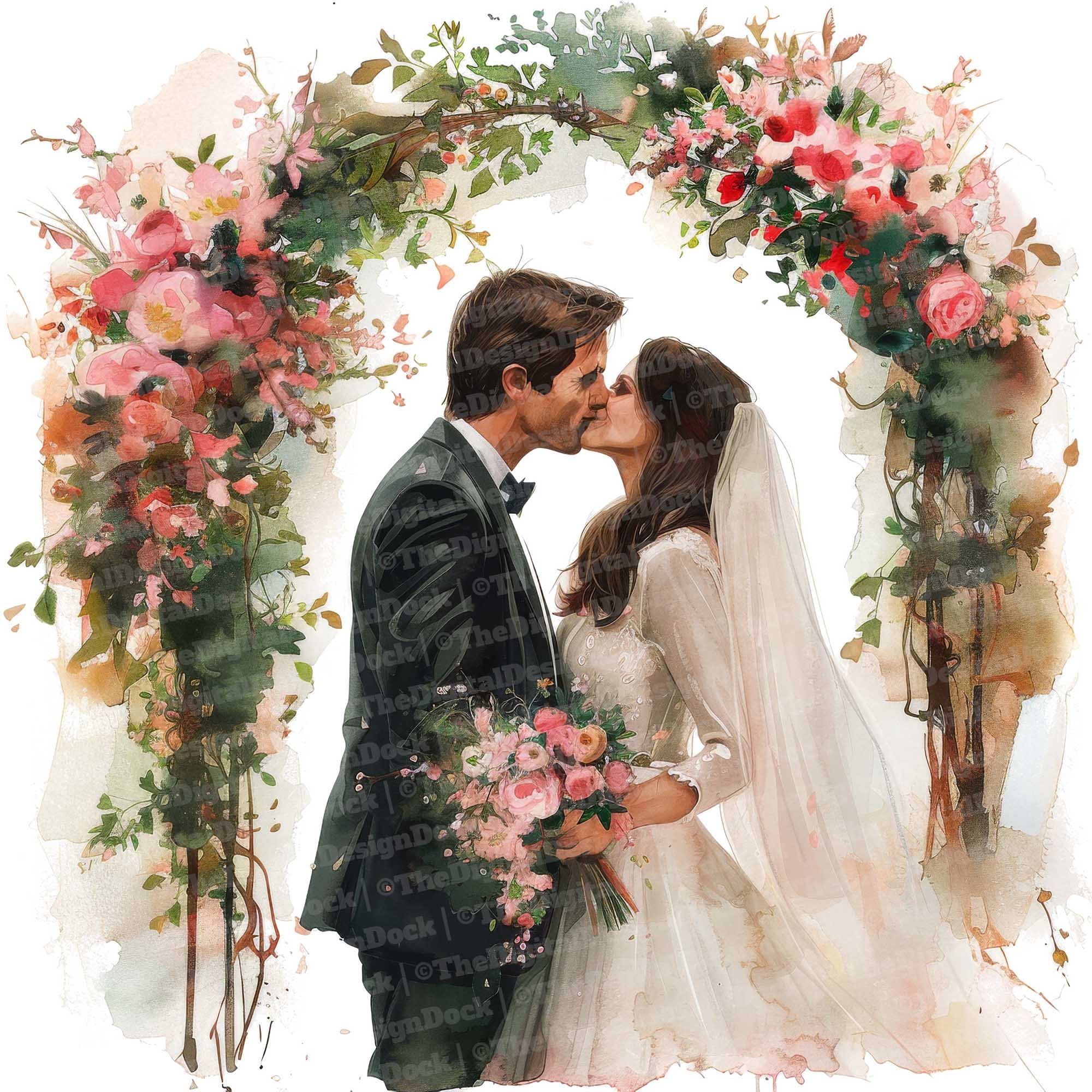 12x Bride & Groom Clipart, Floral Wedding Arch Clipart, Printable ...