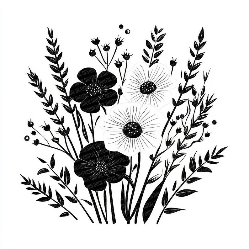 Black & White Floral PNG Clip Art, 12x Monochrome PNG Flower Clipart ...