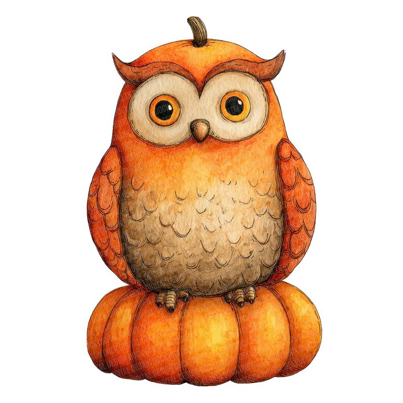 12x Watercolor Owl PNG Clipart, Pumpkin Clip Art Set, Fall Owl ...