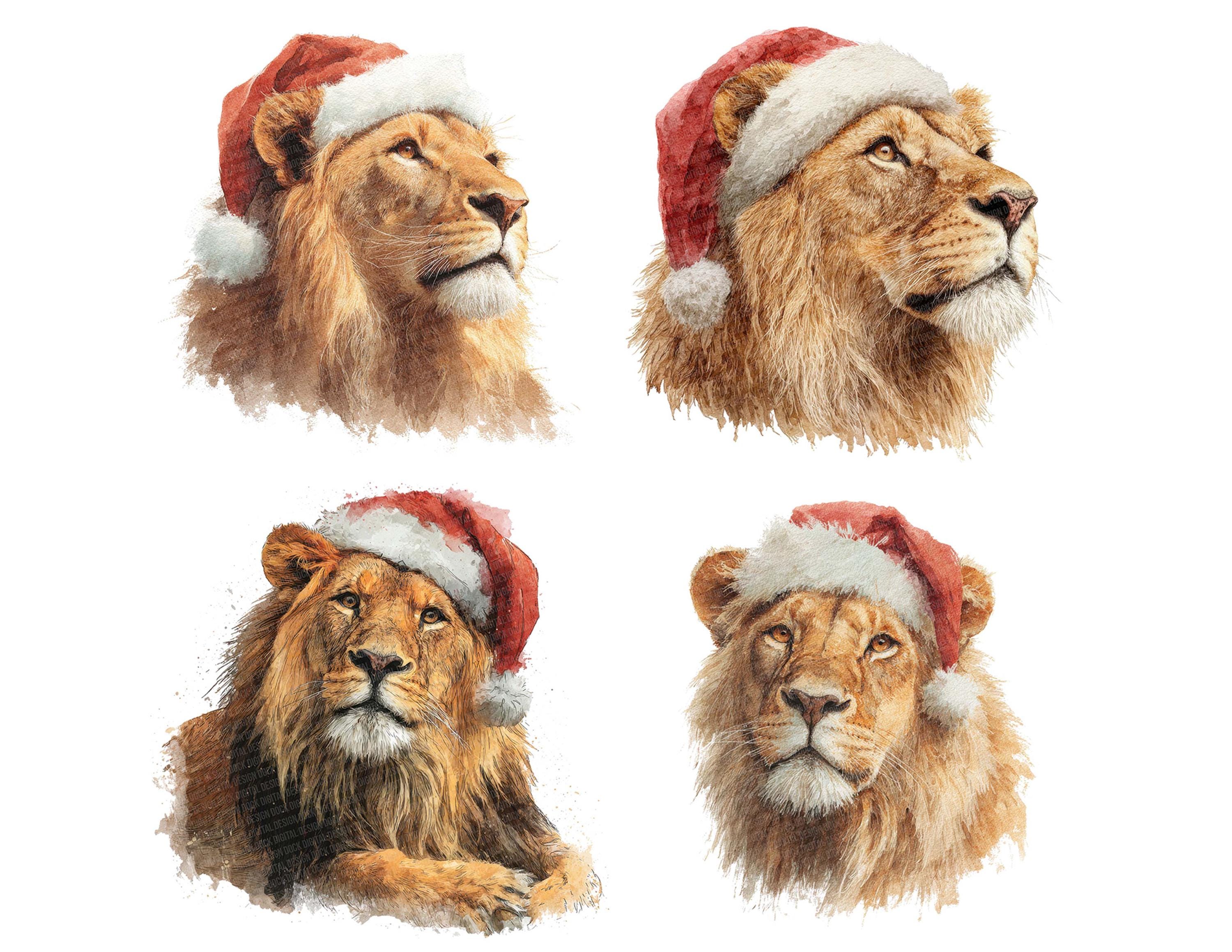 Lion Christmas Clipart, 12x Santa Hat Lion PNG Clip Art Set, Printable ...