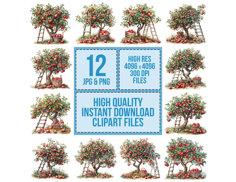 Apple Tree Harvest PNG Clipart, 12x Fall Fruit Clip Art Set, Printable ...