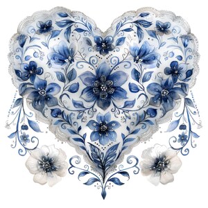 12 Lace Floral Heart Clipart, Blue Watercolor Clipart, Printable ...