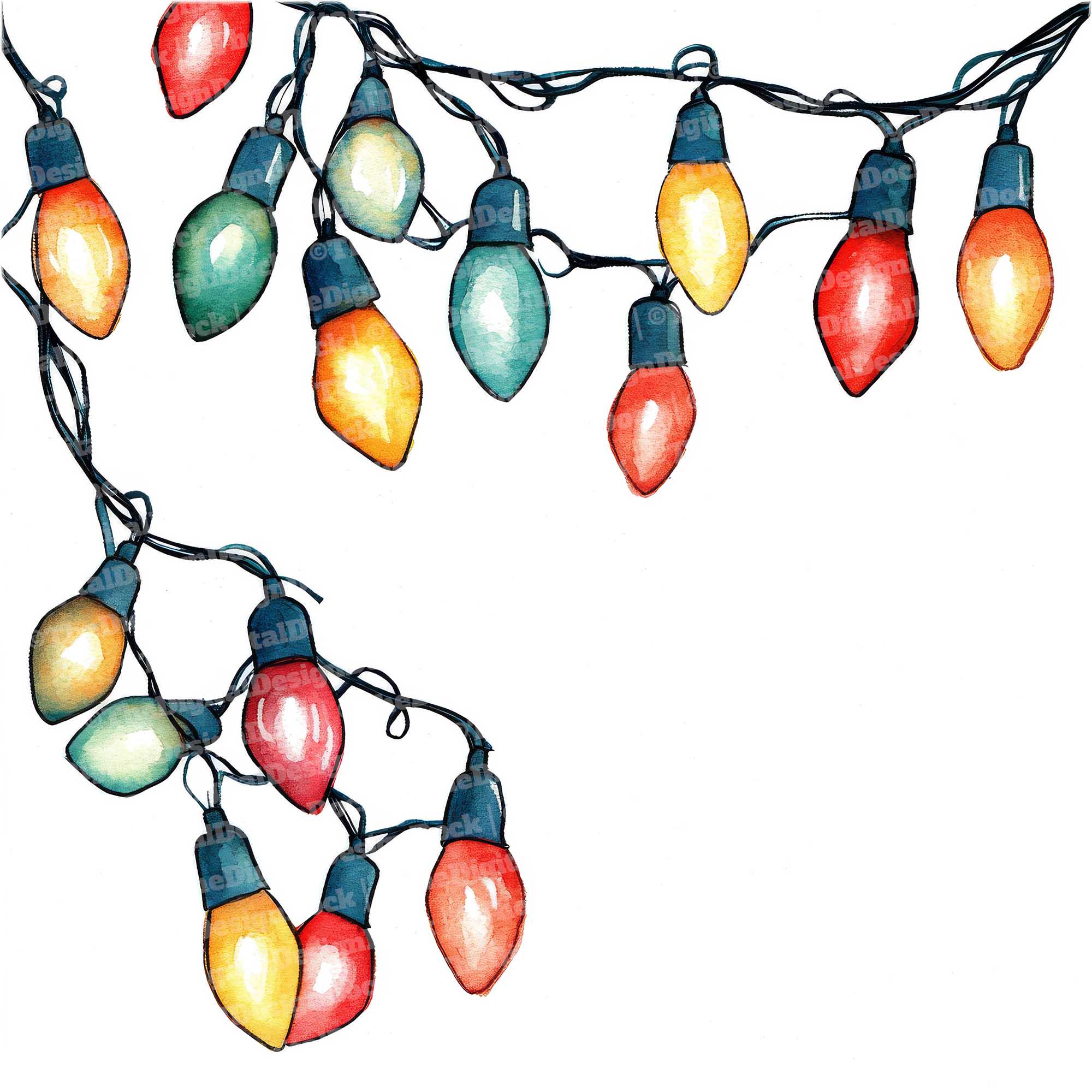 Christmas Lights Clip Art, 12x Watercolor Holiday Lights Clipart Set ...