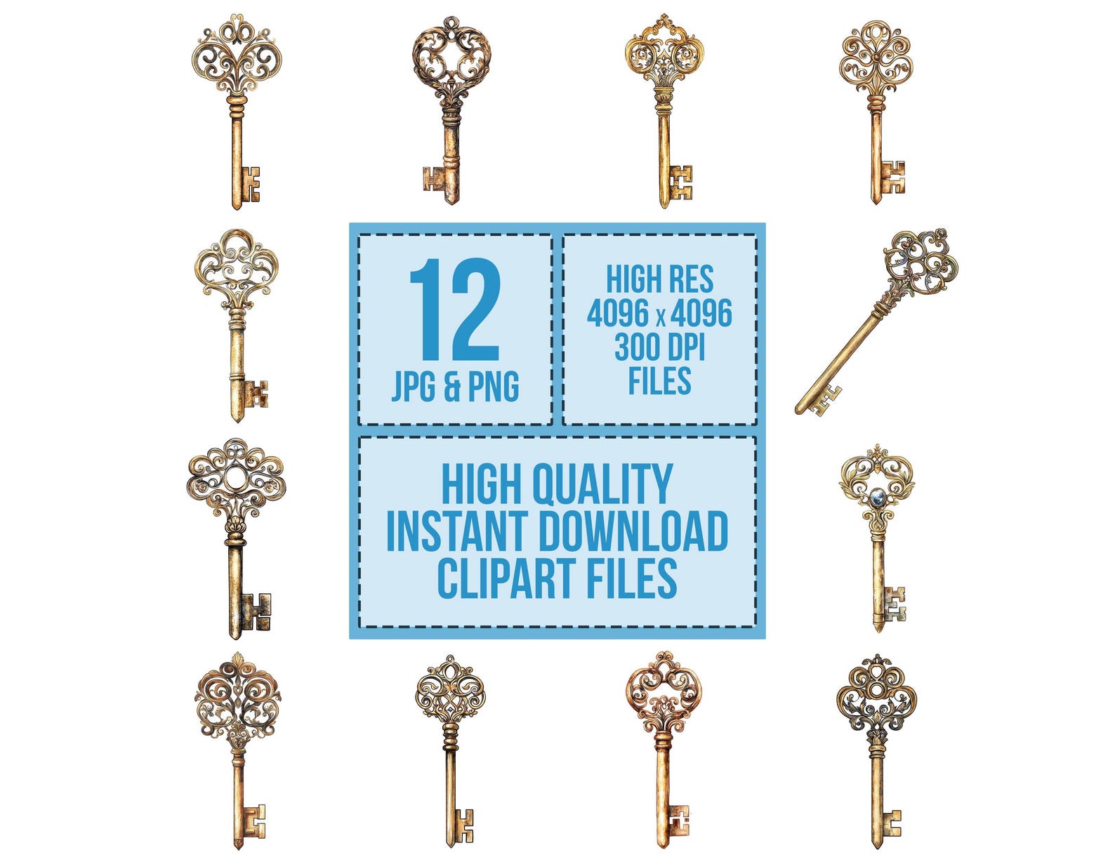 Vintage Key PNG Clipart, 12x Ornate Filigree Key Clip Art Set ...