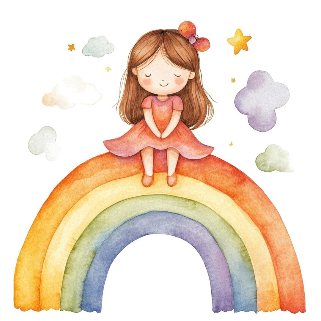 Watercolor Girl on Rainbow PNG Clip Art, 12x Colorful Kids ...